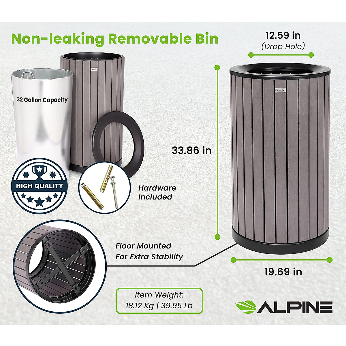 Alpine 32 Gallon Commercial Outdoor Trash Can - Heavy Duty Garbage Can Outdoor, Industrial Open Top Trash Can with Plastic Panels for Patio, Parks, Trails, Resorts (Flat Lid - Grey)