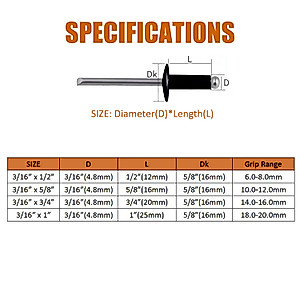ISPINNER 50pcs 3/16" x 1/2" Large Flange Aluminum Blind Rivets, 4.8 x 12mm Pop Rivets (Black)
