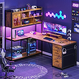 SEDETA L Shaped Computer Desk, 58'' Office Desk with 3 Drawers and Bookshelf, L Shaped Corner Desk with Storage Shelves and LED Light for Home Office, Gaming Desk, L Desk, Rustic Brown