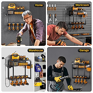 Power Tool Organizer Wall Mount, 3 Layers Drill Holder With Charging Station, Heavy Duty Garage Tool Storage，Utility Racks Shelf for Tool Batteries, Screwdriver, Wrench