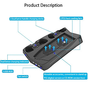 Vertical Stand with Cooling Fan, for PS5 Digital Edition and PS5 UHD Edition, Fast Cooling, Safe and Quiet, with Dual DualSense Controller Charger Ports and Retractable Game Storage
