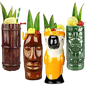 Tiki Mugs Cocktail Set of 8 - Ceramic Tiki Mugs Hawaiian Party Cute Exotic Cocktail Glasses Hawaiian Tiki Mug - TKSET0080 (8pcs)