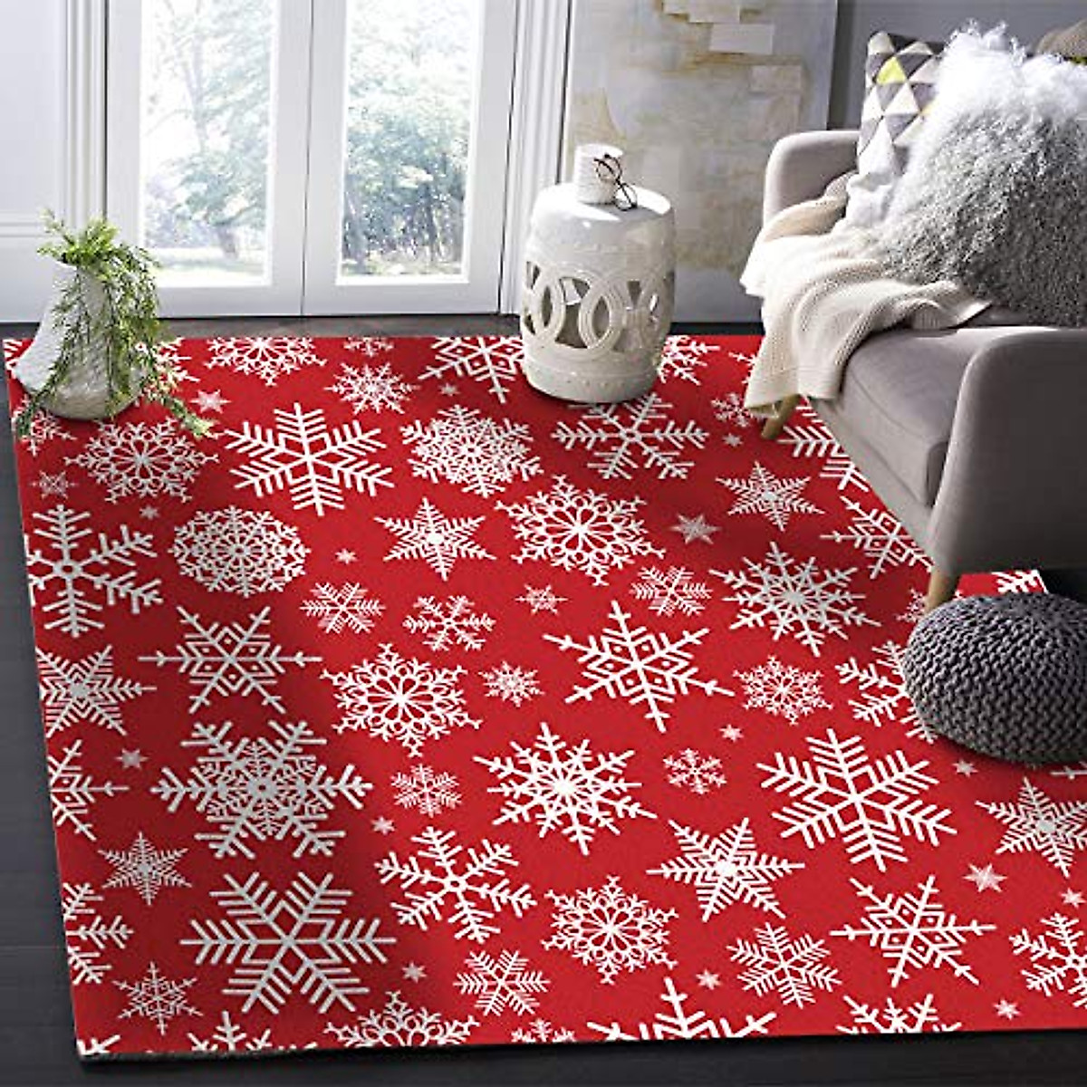 Indoor Area Rug - Welcome Mat Living Room Area Rugs Washable Non-Slip Floor Carpet for Bedroom Farmhouse Dorm (Christmas Winter Snowflake, 5'x8')