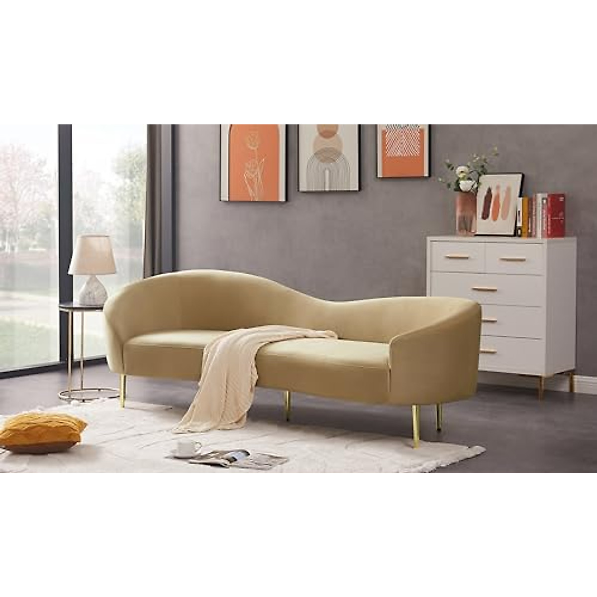 Meridian Furniture 659Camel-S Ritz Collection Modern | Contemporary Upholstered Sofa with Rich Camel Velvet, Gold Metal Legs, Curved Contemporary Design, 85.5" W x 31.75" D x 30.5" H, Camel