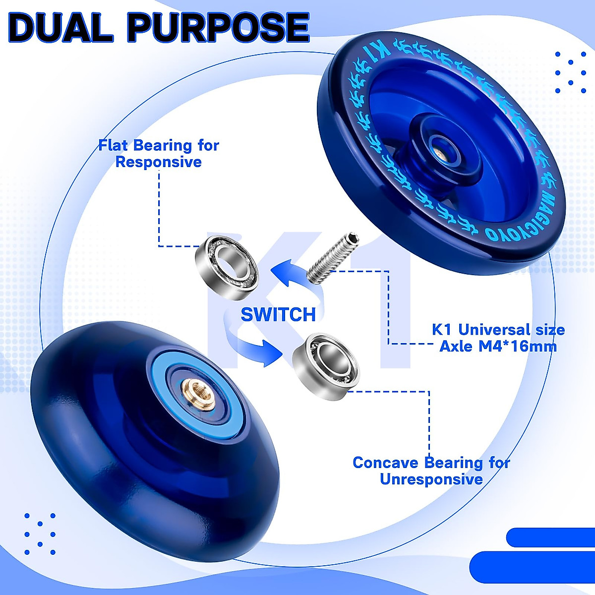 MAGICYOYO Responsive Yoyo K1 Tug Return Yoyo, Hubstacks Yoyo for Kids Beginners Dual Purpose Yoyo with Unresponsive Bearing, Sturdy Storage Bag + 12 Yoyo Strings +Yo-Yo Glove +2 Yoyo Hubstacks (Blue)