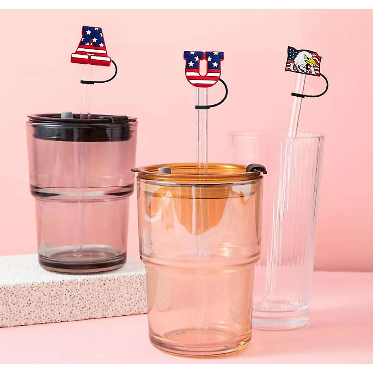 9Pcs Flag Day Straw Caps Cover Cap Topper Dust-Proof for Stanley Cup 10mm/ 0.4in, for Drinking Straw Cap Stanley Cup Accessories, Cute Silicone Tips Lids Dust-Proof for Water Bottle