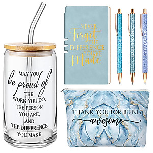 Funnymoom 6 Pcs Employee Appreciation Gift Set for Women Thank You Gifts May you Be Proud 17 oz Glass Cup Inspirational Gift Makeup Bag A6 Journal Ballpoint for Staff Coworkers Teachers Team(Blue)