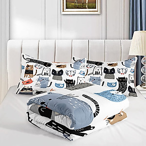 CVHOUSE Cat Bedding,Cartoon Cat Comforter Full,Animals Print Comforter Set for Kids,Kawaii Quilt Set with 1 Comforter and 2 Pillow Cases