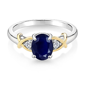 Gem Stone King 10K Yellow Gold and 925 Sterling Silver Blue Sapphire and White Lab Grown Diamond Engagement Ring For Women | 1.88 Cttw | Oval 8X6MM | Ring Size 5-9