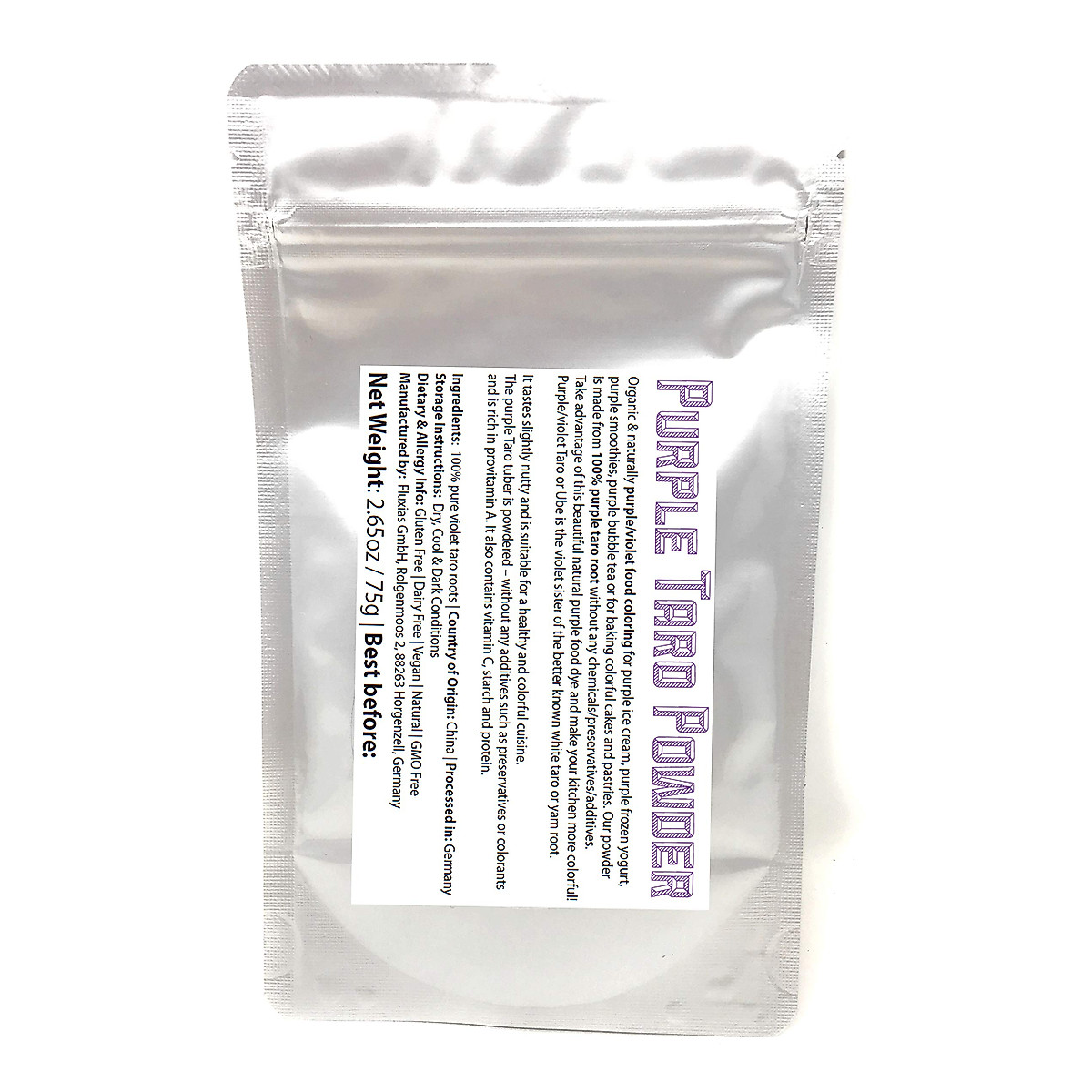 Purple Taro Powder - Naturally Dyes Food Purple/violet - Net Weight: 2.65oz / 75g - Violet Food Dye For Ice Cream, Frozen Yogurt, Smoothies & Bubble Tea - 100% Pure & Natural Colocasia Esculenta