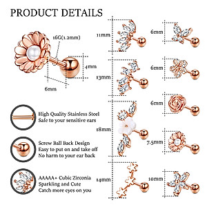 Drperfect Cartilage Stud Earrings for Women 16G Stainless Steel Silver/Rose Gold Plated Conch Helix Tragus Piercing Jewelry