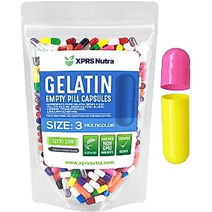 XPRS Nutra Size 3 Empty Capsules - 100 Count Empty Gelatin Capsules - Empty Pill Capsules - DIY Capsule Filling - Pure Bovine Pill Capsules Empty Gel Caps (Multi Color)