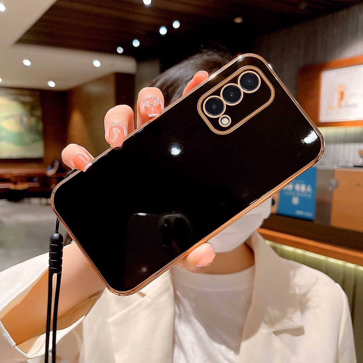 for OnePlus Nord N200 5G Case, N200 Phone Case for Women Electroplating Cute Luxury Bling Aesthetic Trendy Pretty, Full Camera Soft TPU Protection Shockproof Cover for OnePlus Nord N200 5G (Black)