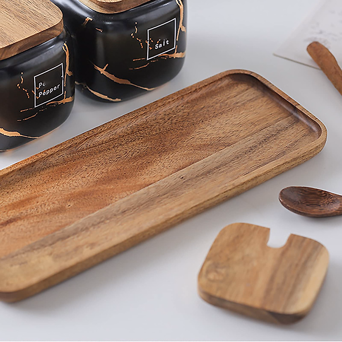 JFFLYIT 2 Sets of Marble Ceramic Sugar Bowl Ceramic Seasoning Jars with Wooden Lid and Wooden Spoon(Black)