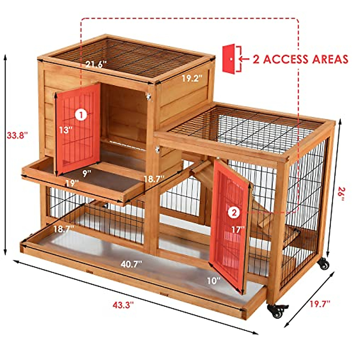 Arlopu Rabbit Hutch on Wheels Rabbit Cage Indoor Bunny Hutch with Run, Wooden Rabbit House with 2 No Leak Trays, 4 Casters, No-Slip Ramp, 2 Lockable Door (Golden red)