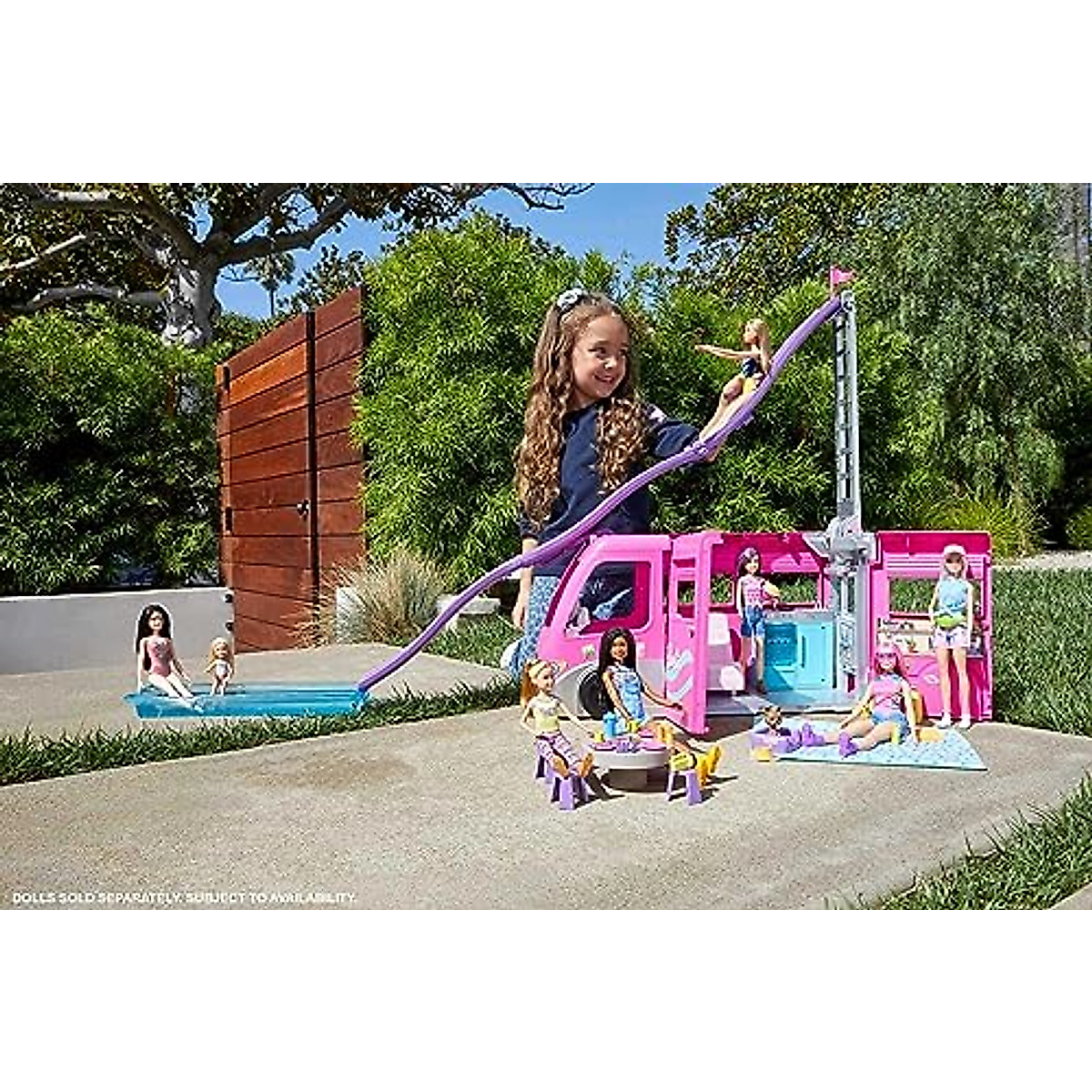 Barbie Camper Playset, Dreamcamper Toy Vehicle with 60 Accessories Including Furniture, Pool and 30-Inch Slide