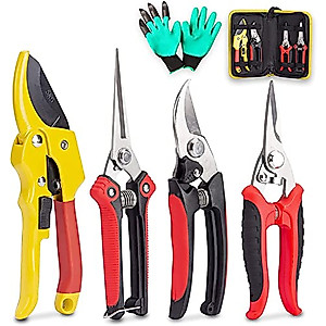 KOTTO 4 Pack Professional Bypass Pruning Shears, Stainless Steel Cutter Clippers, Sharp Hand Pruner Secateurs, Garden Trimmer Scissors Kit with Storage Bag and Protection Gloves