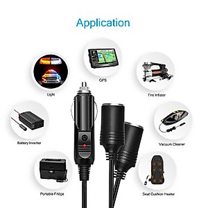 CHANZON 12V/24V 1 to 2 Car Cigarette Lighter Splitter Adapter, 7in UL Wire with 15A Fuse, Auto DC Power Supply Extension Cord with Plug Socket, 2 Way Y Adapter with Dual Power Charger Port