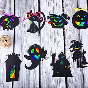Blulu 48 Pieces Halloween Scratch Paper Rainbow Witch Pumpkin Scratch Crafts Kit Halloween Hanging Ornaments Art with Wooden Stick and Rope for Party Decoration DIY Supplies