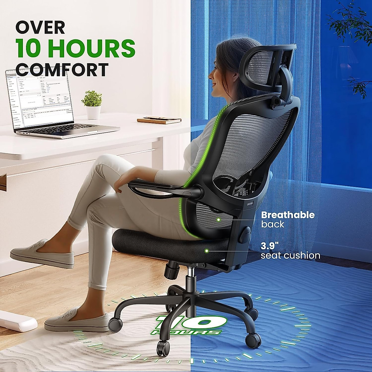 Ergonomic Office Chair Big and Tall - 6'5" Tall Max, 350Lbs Capacity Computer Desk Chairs Over 10 Hours Comfortable, with Adjustable Mesh High Back, Lumbar Support, 3D Headrest, Flip-up Arms