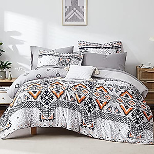 CASAAGUSTO Queen Comforter Set, 8 Pieces Gray Orange Boho Comforter Set, Microfiber Cozy Bohomian Bedding Set with Decor Pillow, Lightweight Breathable for All Seasons
