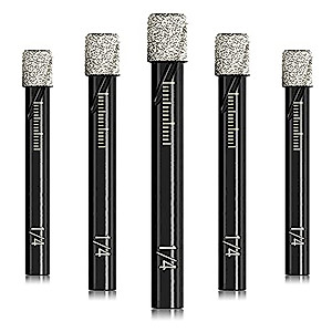 DKIBBITH 1/4" Dry Diamond Drill Bits Set 5 PCs 6mm for Granite Ceramic Marble Tile Stone Glass Hard Materials (not for Wood), Round Shank with Storage Case
