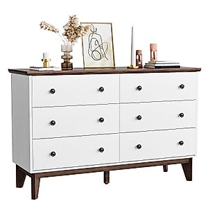 LYNSOM White Dresser for Bedroom, Modern 6 Drawer Double Dresser with Deep Drawers and Gold Knobs, Wood Storage Chest of Drawers for Living Room, Office