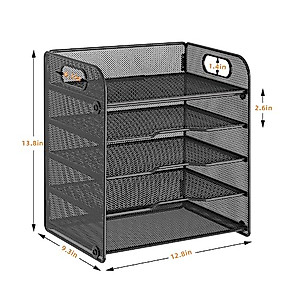 Samstar Mesh Desk Organizer with Handle, 5 Tier Letter Tray Paper Organizer File Sorter Rack Shelves, Black