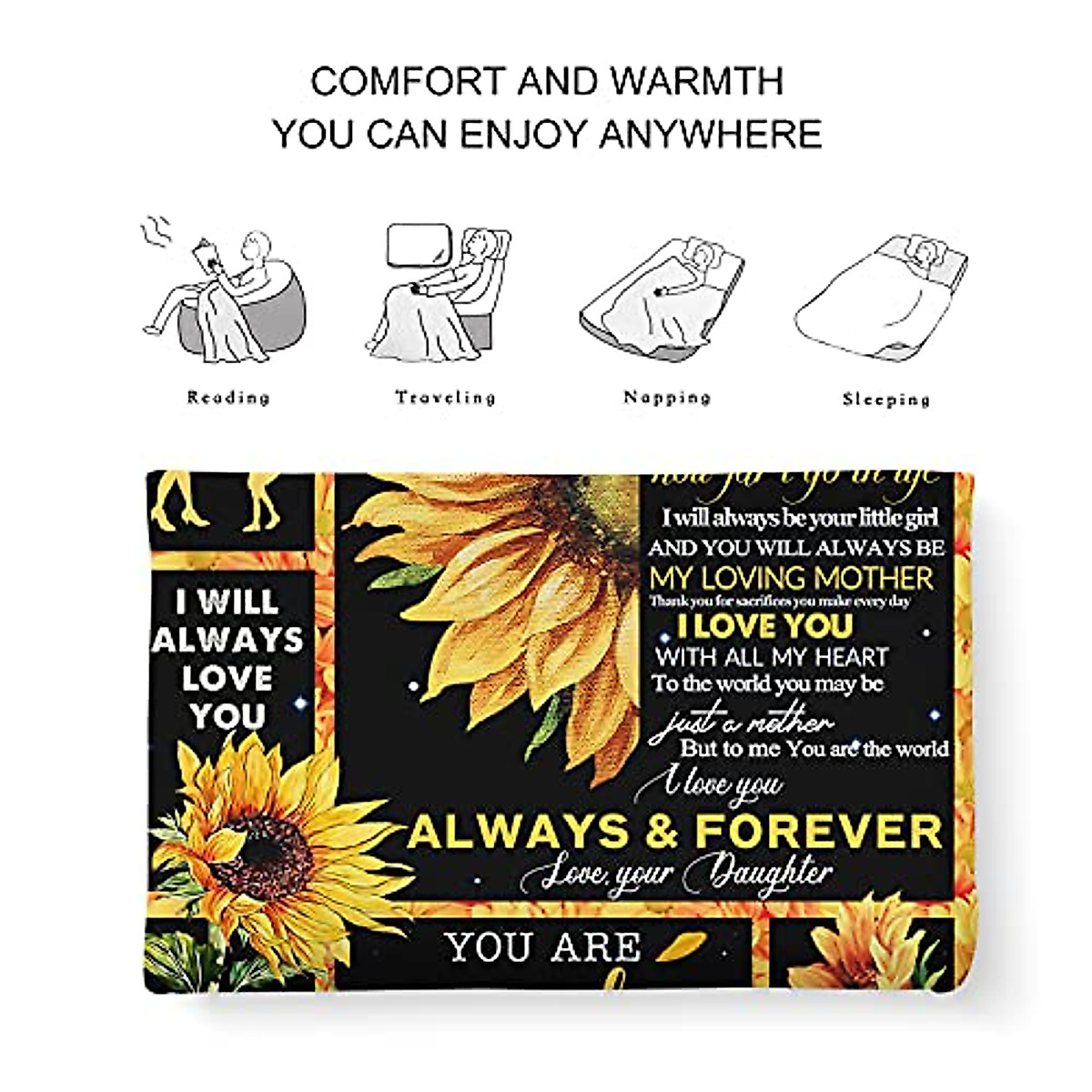 Mom Blanket Gifts for Mom from Daughter Sunflower Blanket to Mom Flannel Blankets Gift from Daughter Birthdays Christmas Mother's Day Soft Throw Blankets for Mom Couch Bed Blanket Gift 50x60in