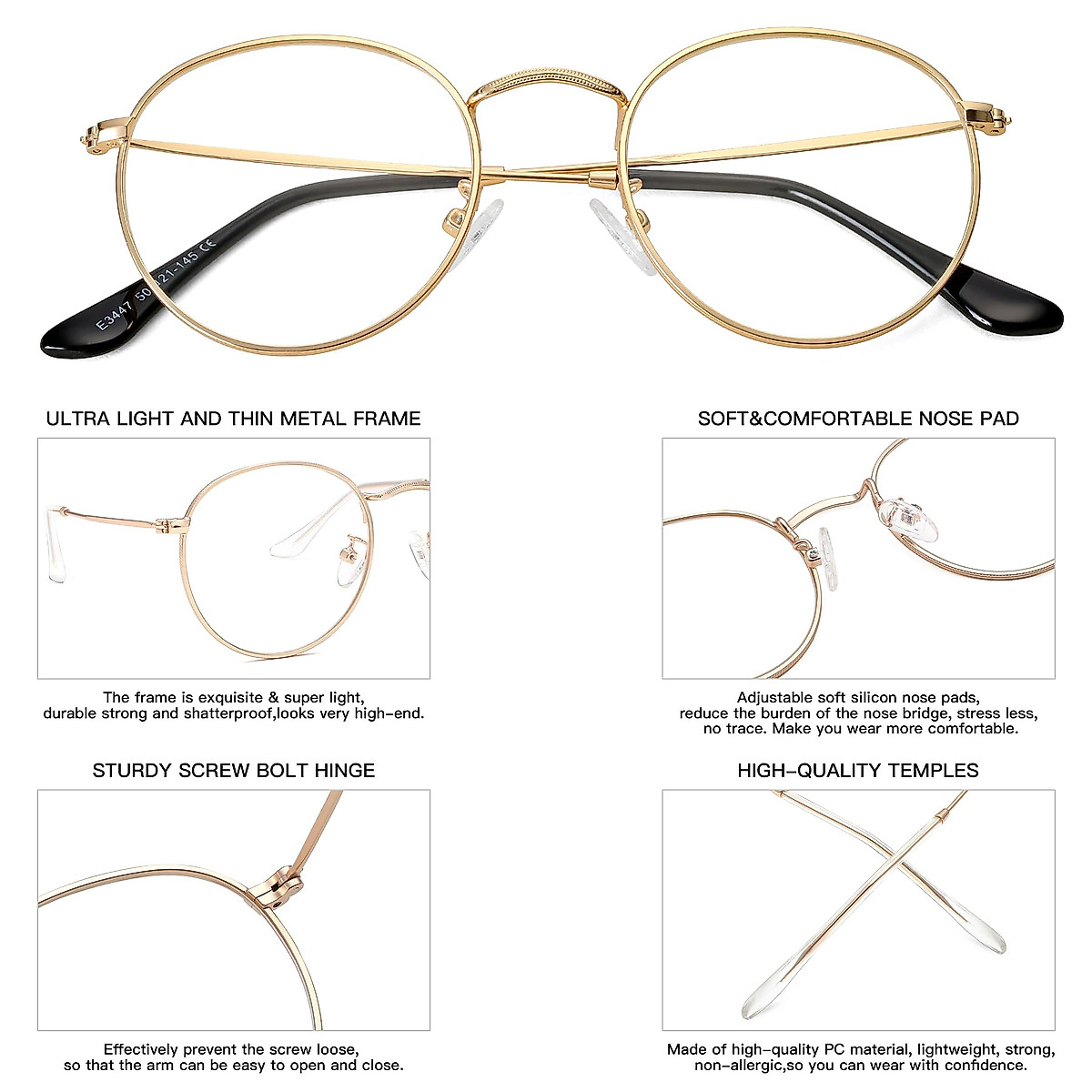 Pro Acme Classic Round Metal Clear Lens Glasses Frame Unisex Circle Eyeglasses (Gold)