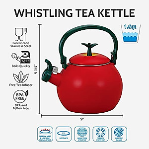 Whistling Tea Kettle for Stove Top Enamel on Steel Teakettle, Supreme Housewares Apple Design Teapot Water Kettle Cute Kitchen Accessories Teteras (1.6 Quart, Apple)
