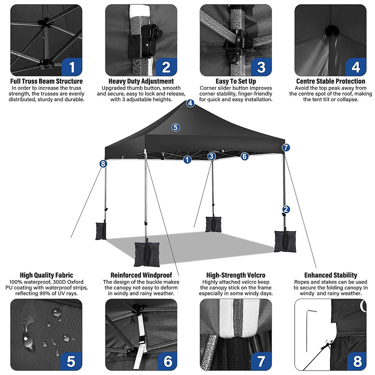 Tooluck 10x10 Pop up Canopy Commercial Heavy Duty Canopy Tent with 4 sidewalls Easy Up Outdoor Party Tent Instant Canopy All Season Windproof & Waterproof Gazebo with Roller Bag,Black(Frame Thickened)
