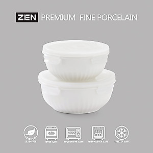 ZEN Pleats Porcelain Serve and Store Airtight Container 14&22oz Bowls Set of 2 (White)