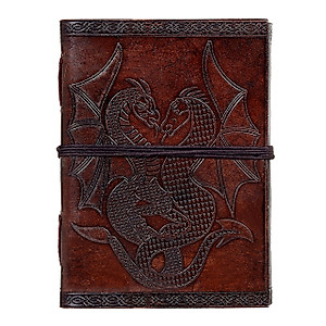 AzureGreen DOUBLE DRAGON Blank Page BOOK Handcrafted Leather Writing Unlined 5 x 7 JOURNAL (Brown)