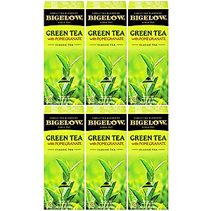 Bigelow Green Tea with Pomegranate 28-Count Boxes (Pack of 6) Premium Green Tea with Pomegranate Rosehips Hibiscus Antioxidant-Rich All Natural Medium-Caffeine Tea in Foil-Wrapped Bags