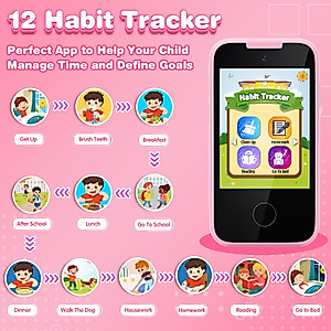 Kids Phone Toys for 3-6 Year Olds Girls, Touchscreen Kids Cell Phone with Dual Camera, MP3 Music Player, Games, Habit Tracker Kids Toddler Phone Learning Toy Birthday Gifts for Girls Age 3 4 5 6 7 8