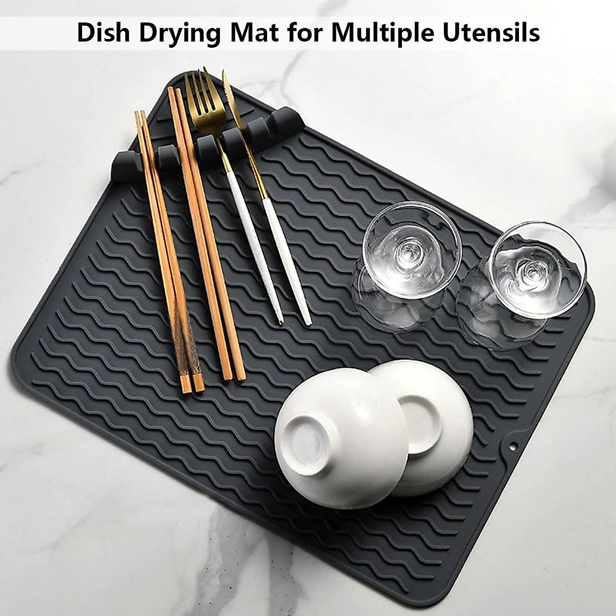 Silicone Dish Drying Mats with Utensils Holder, Heat Resistant Dish Drying Mat for Kitchen Counter, Non-slip Quick Dry Pad for Washing Dishes, Multiple Utensils Sink Dish Drying Mat with Spoon Rest