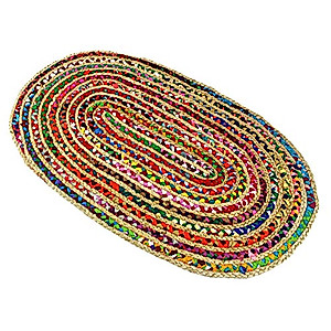 COTTON CRAFT Jute Chindi Braid Rag Rug - Boho Farmhouse Rustic Area Accent Throw Rug - Handwoven Reversible Natural Recycled Cotton- Living Room Den Study Home Décor Gift - 2' x 3' Oval - Multi Color