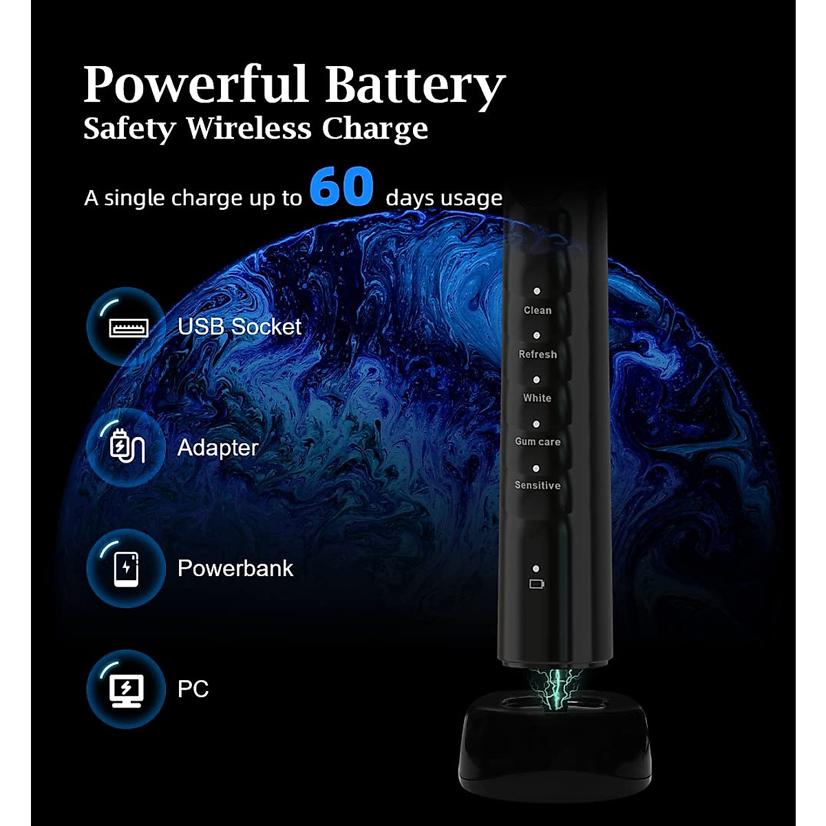 IntoCozy Sonic Electric Toothbrush Whitening Toothbrush with 2 Indicator Brush Heads for Adults and Teenagers, Wireless Charging, 5 Modes with Smart Timer, IPX7 Waterproof(Black)