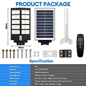 DANCINGBOAR 1000W Solar LED Street Lights Outdoor Motion Sensor, 80000LM Commercial 6500K Dusk to Dawn LED Security Floodlight with Remote Control, IP66 Waterproof Parking Lot Light for Yard, Path