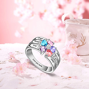 Sterling Silver Personalized Mothers Rings Gifts with 5 Simulated Birthstones Custom Family Name Ring Jewelry for Women Mom Grandmother for Mother’s Day Christmas