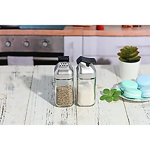 J&M Design Glass Salt and Pepper Shakers Set with Moisture Free Plastic Flip Lid for Kitchen Countertop or Travel Spice Seasoning Use - Set Of 2 Refillable Bottle Dispenser Container Shaker