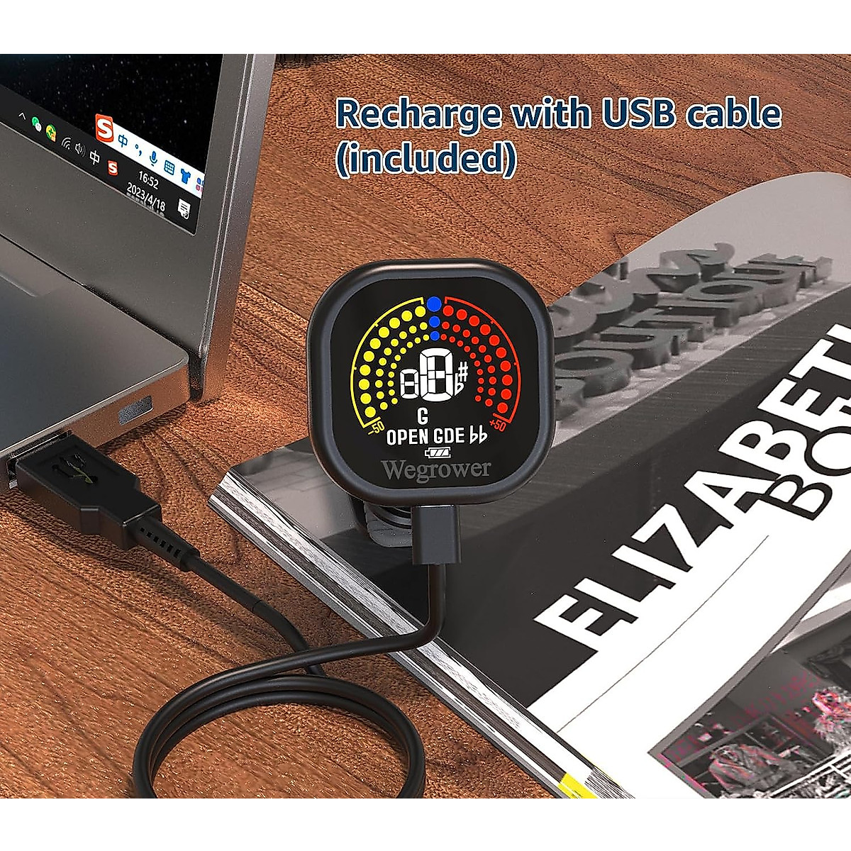 Wegrower Guitar Tuner Rechargeable, Clip On Tuner with LCD Color Display with Guitar, Ukulele, Violin and Chromatic Tuning Modes, Tuners for Musical Instruments