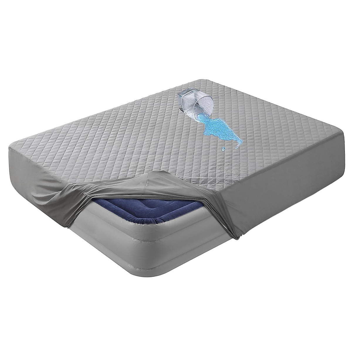 Bedecor Queen Air Mattress Pad Waterproof Mattress Topper Quilted, Air Bed Mattress Protector Heavy Absorbent Grey Breathable & Noiseless Mattress Cover Fitted Style Deep Pocket Up to 18"