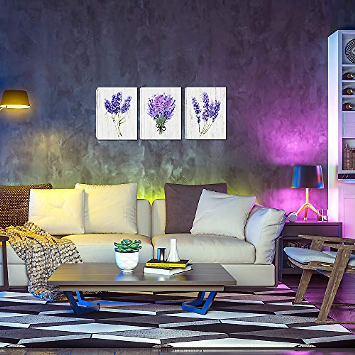 gold mi Flowers Home Decorations Purple Lavender Flower Artwork for Living Room Office Bathroom Wall Decor Floral Grey Wood Grain Rustic Posters and Prints Frame to Hang 12*16inch