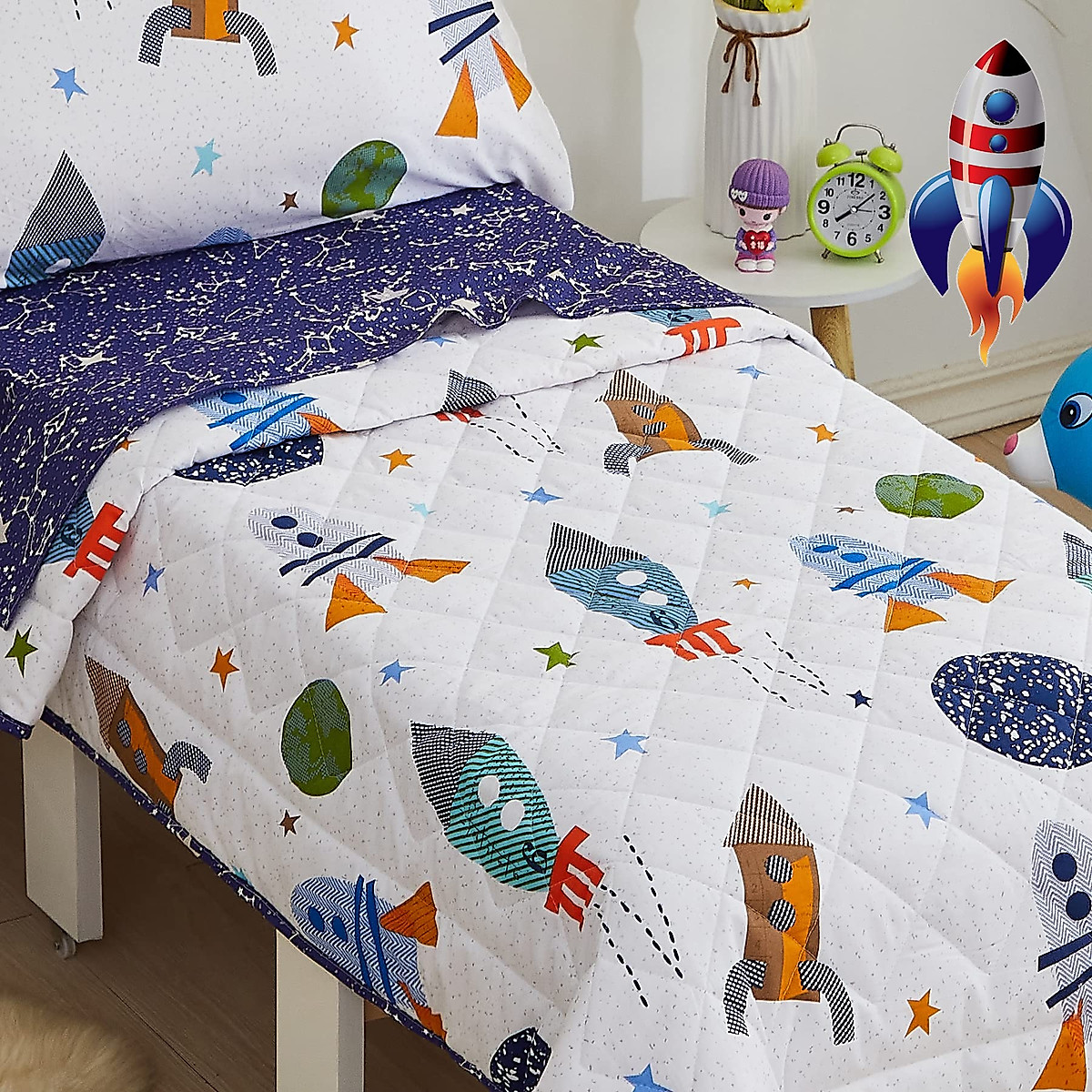 Brandream Outer Space Toddler Bedding Sets for Boys Spaceship Galaxy Rocket Bed in A Bag Cotton Comforter Set, 4PCS Includes Comforter, Top Sheet, Mattress Sheet, Pillowcases