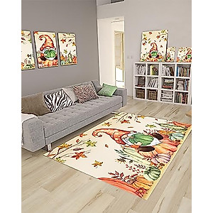 Boho Gnome Pumpkin Large Rectangular Area Rugs 5' x 8' Living Room, Durable Non Slip Rug Carpet Floor Mat for Bedroom Bedside Outdoor Thanksgiving Fall Harvest Autumn Leaf