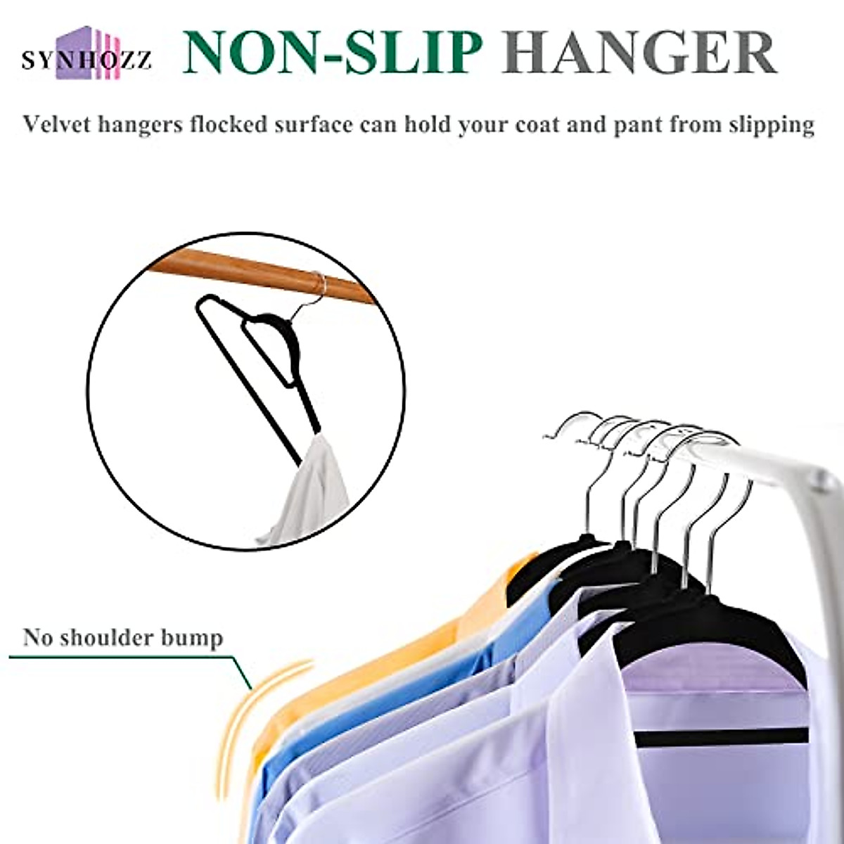 Synhozz Premium Black Velvet Hangers 50 Pack Non-Slip Clothes Hangers Ultra Slim & Space Saving - Heavy Duty Velvet Suit Hangers with Tie Bar