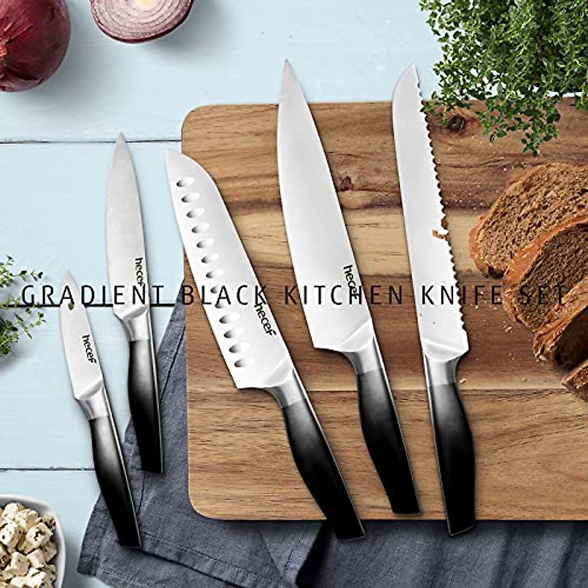 hecef Gradient Black Kitchen Knife Set of 5, Chef Knife Set with Satin Finished Blade & Hollow Handle & Protective Sheaths, Includes Chef, Santoku, Bread, Utility & Paring Knife