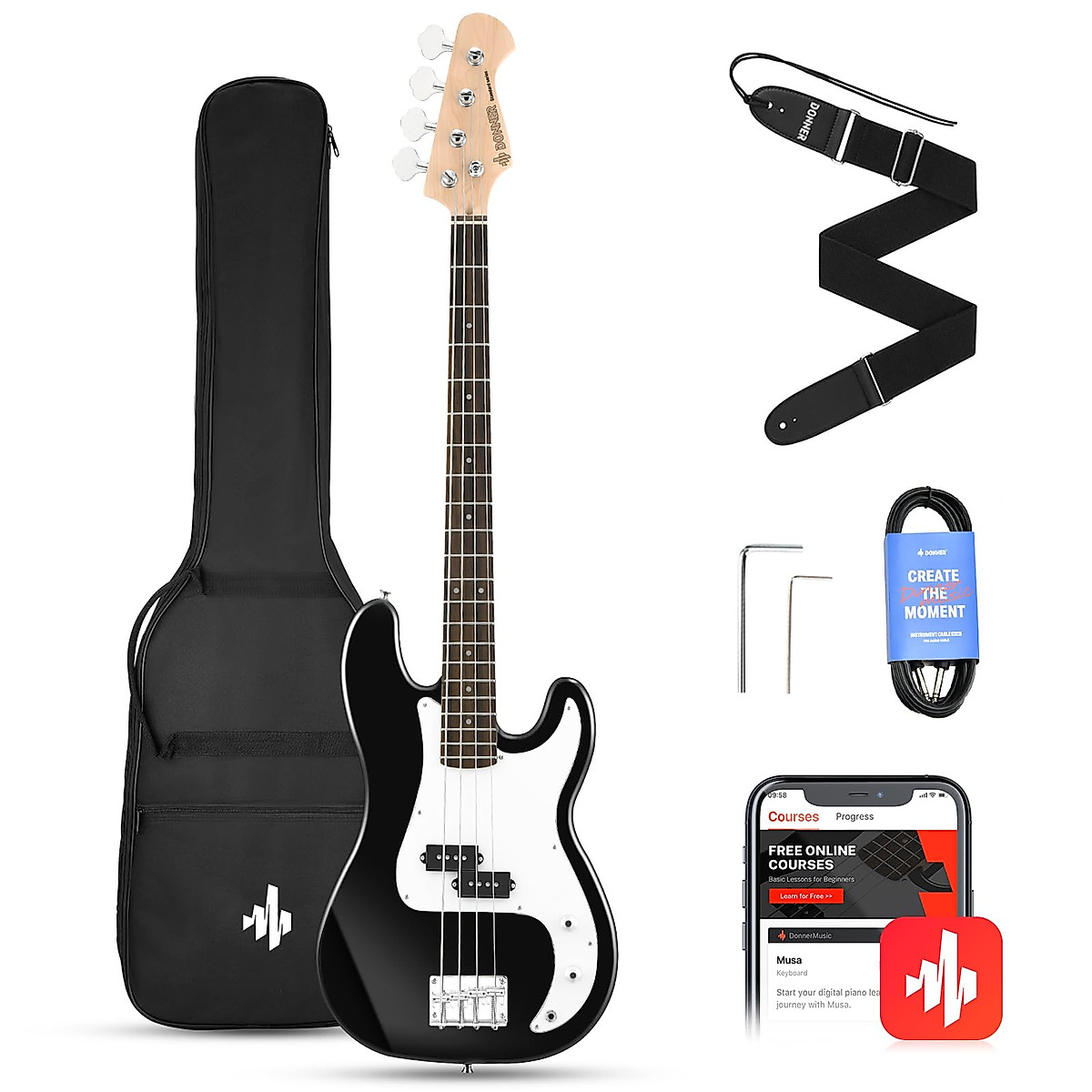 Donner Electric Bass Guitar 4 Strings Full-Size Standard Bass PB-Style Beginner Kit Black for Starter with Free Online Lesson Gig Bag Guitar Strap and Guitar Cable, DPB-510D